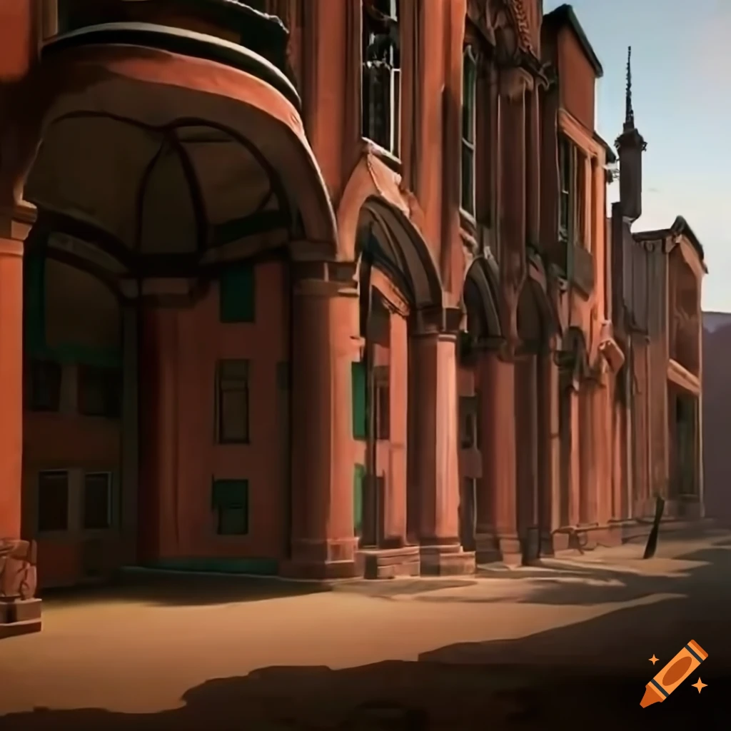 Magaambya school with brick buildings and vines, flags flying in 4k ...