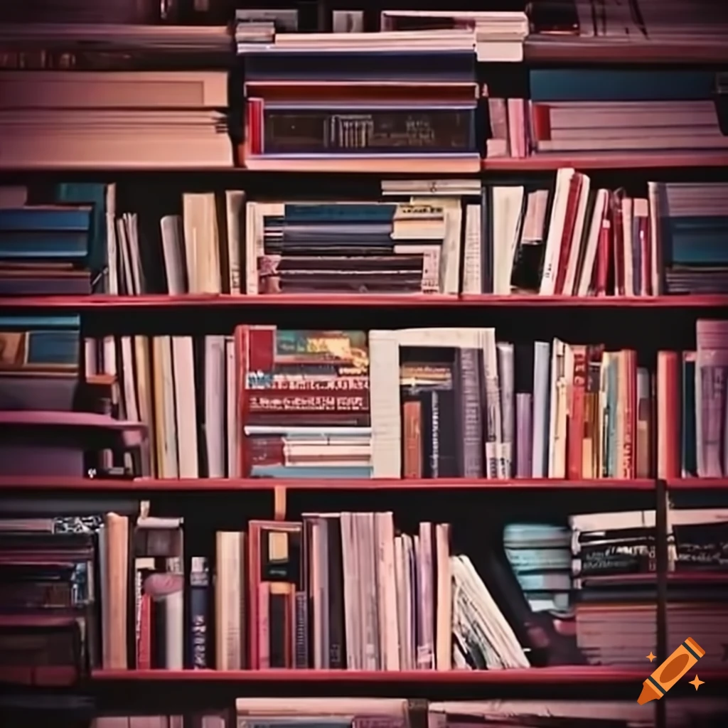 Messy bookshelf with magazines in an 80s style on Craiyon