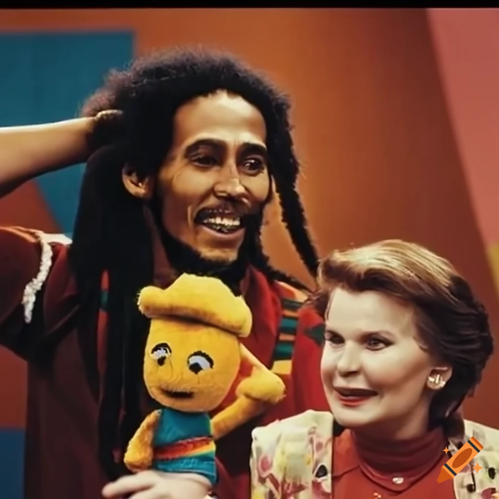 Bob Marley and Valentina Tereshkova hosting a colorful children's TV program with cute finger ...