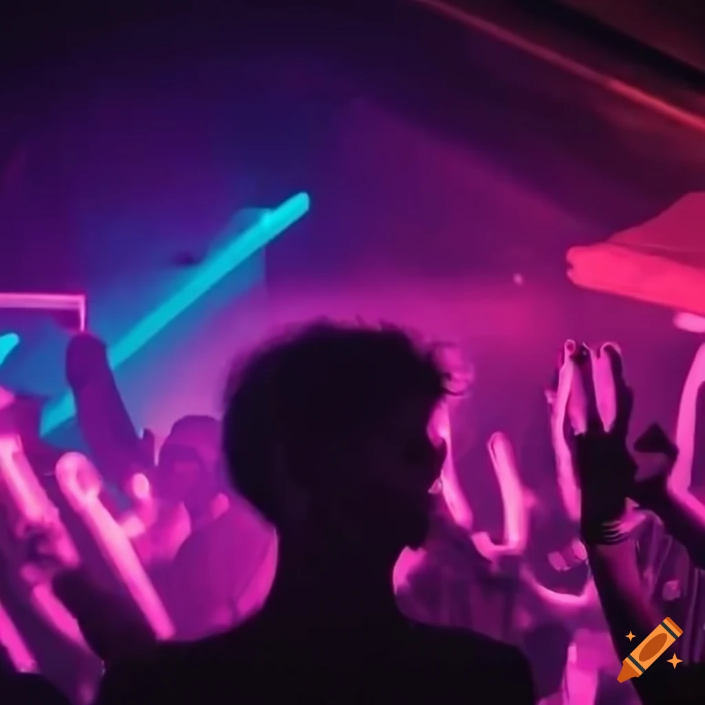 Vibrant rave crowd dancing to electronic music with neon lights on Craiyon