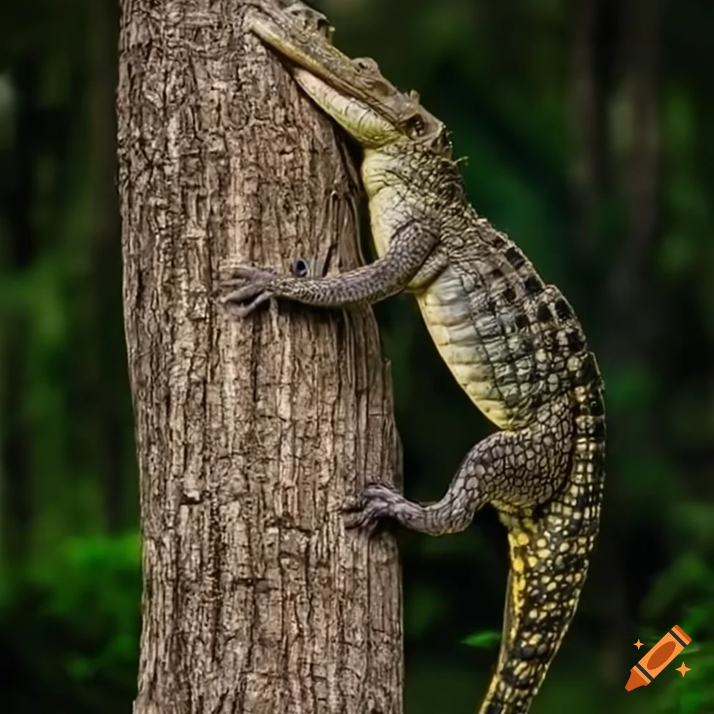 Crocodile hanging from a tree like an opossum on Craiyon