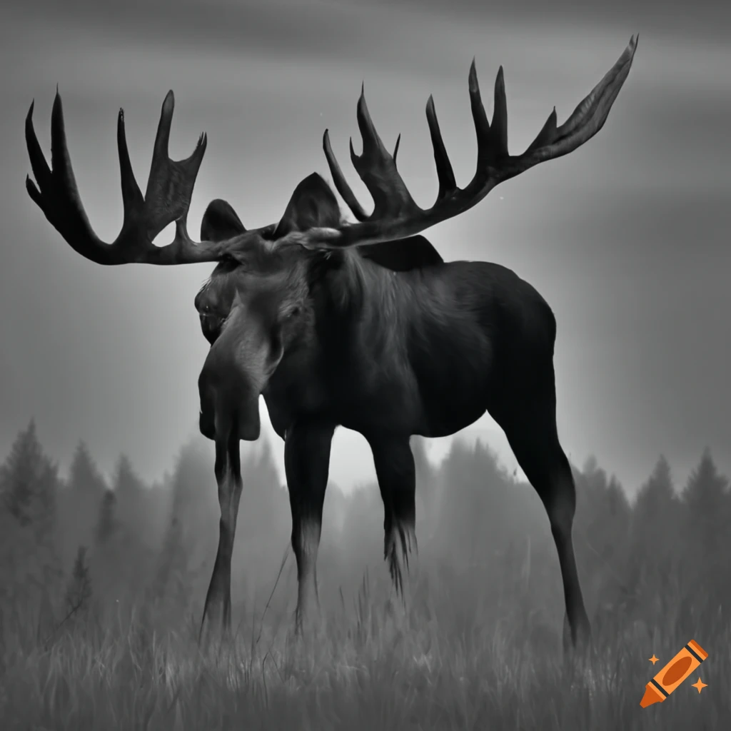 Monochrome photo of a majestic moose with massive antlers in the ...