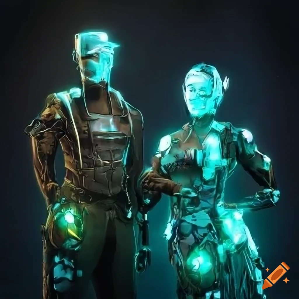 Digital illustration of a biopunk family in a futuristic biopunk ...