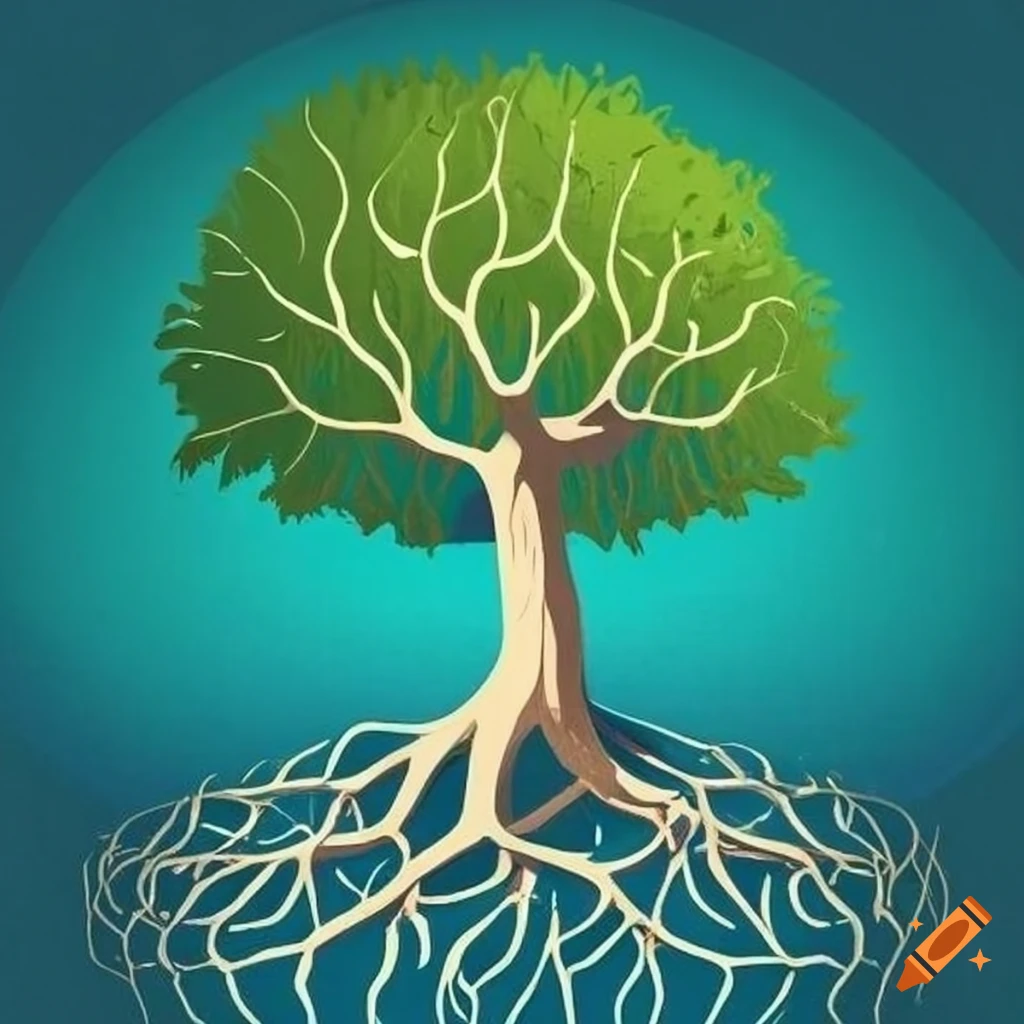 Large healthy tree with visible roots on Craiyon