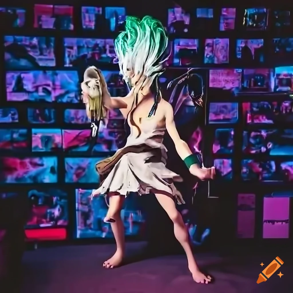 Dr. stone with a years ahead controller in front of a neon-lit gaming ...