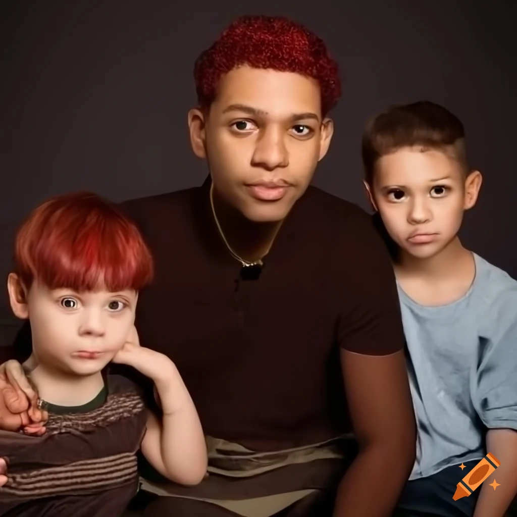 Realistic photo of maroon-haired humanoid alien family in a living room ...
