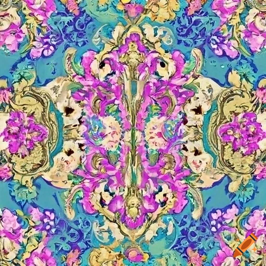 Rainbow pastel funky rococo intricate floral pattern in oil painting on ...