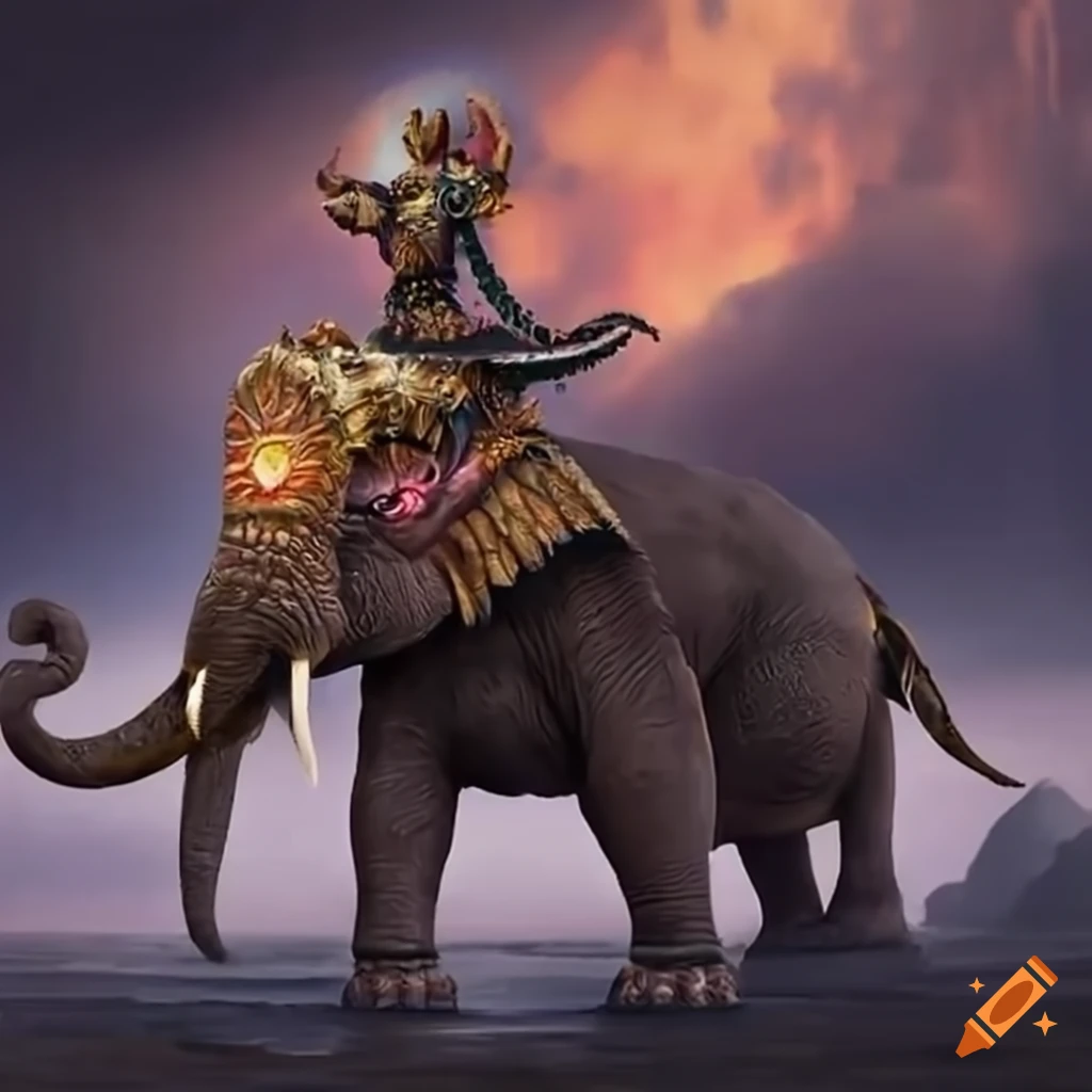 Majestic deity on a powerful elephant engaged in combat on Craiyon