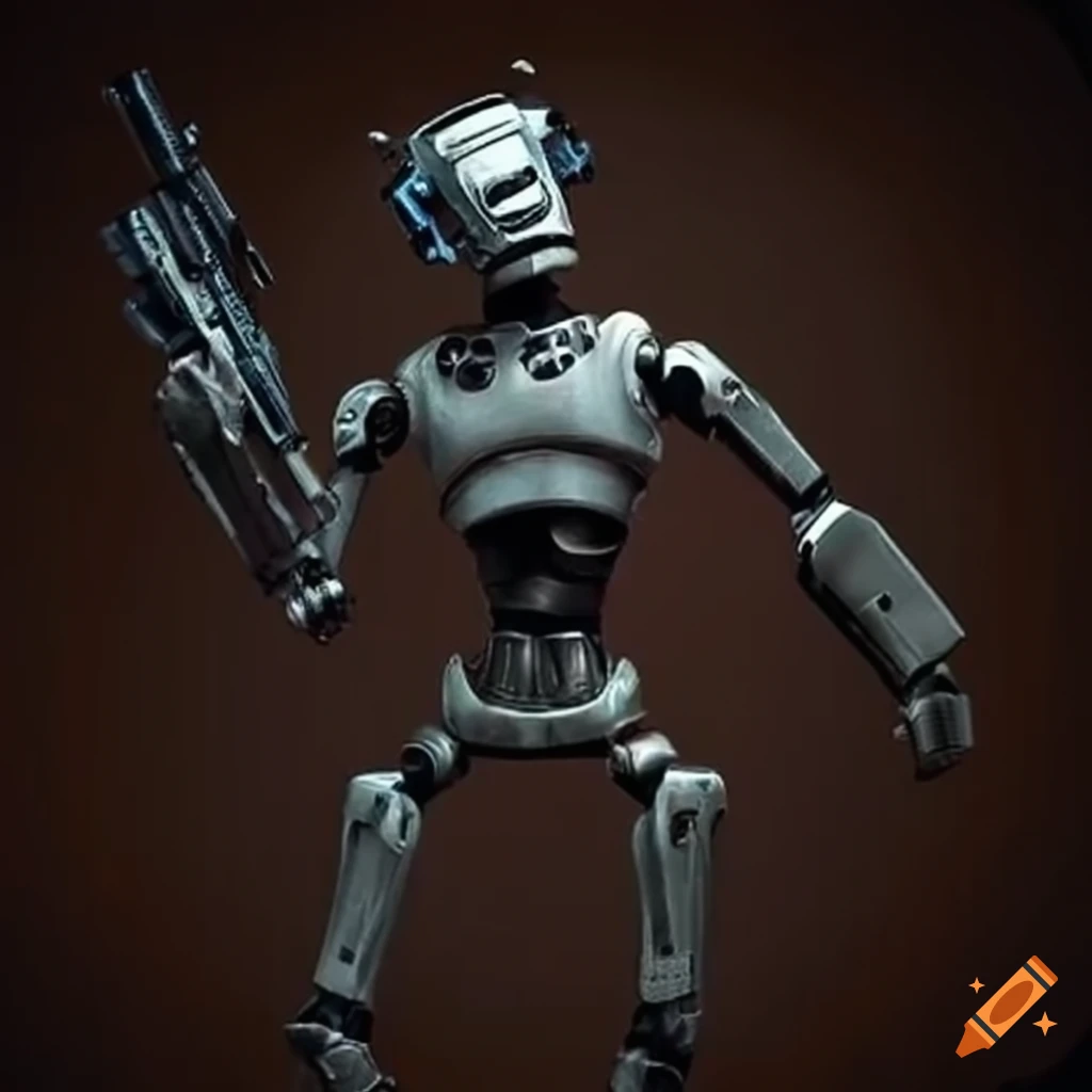 Large menacing robot with guns and frightened humans on Craiyon