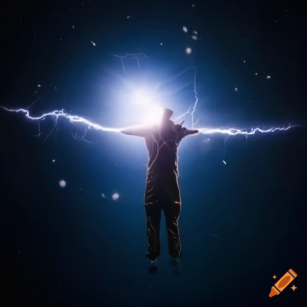 Man floating in space with lightning shooting from his hands on Craiyon