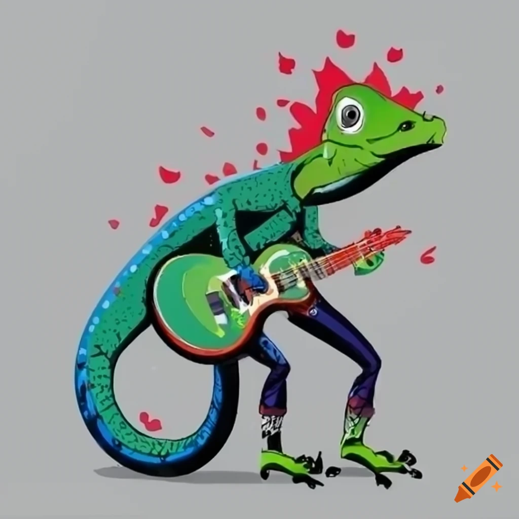 Cartoon illustration of a punk guitar lizard on Craiyon