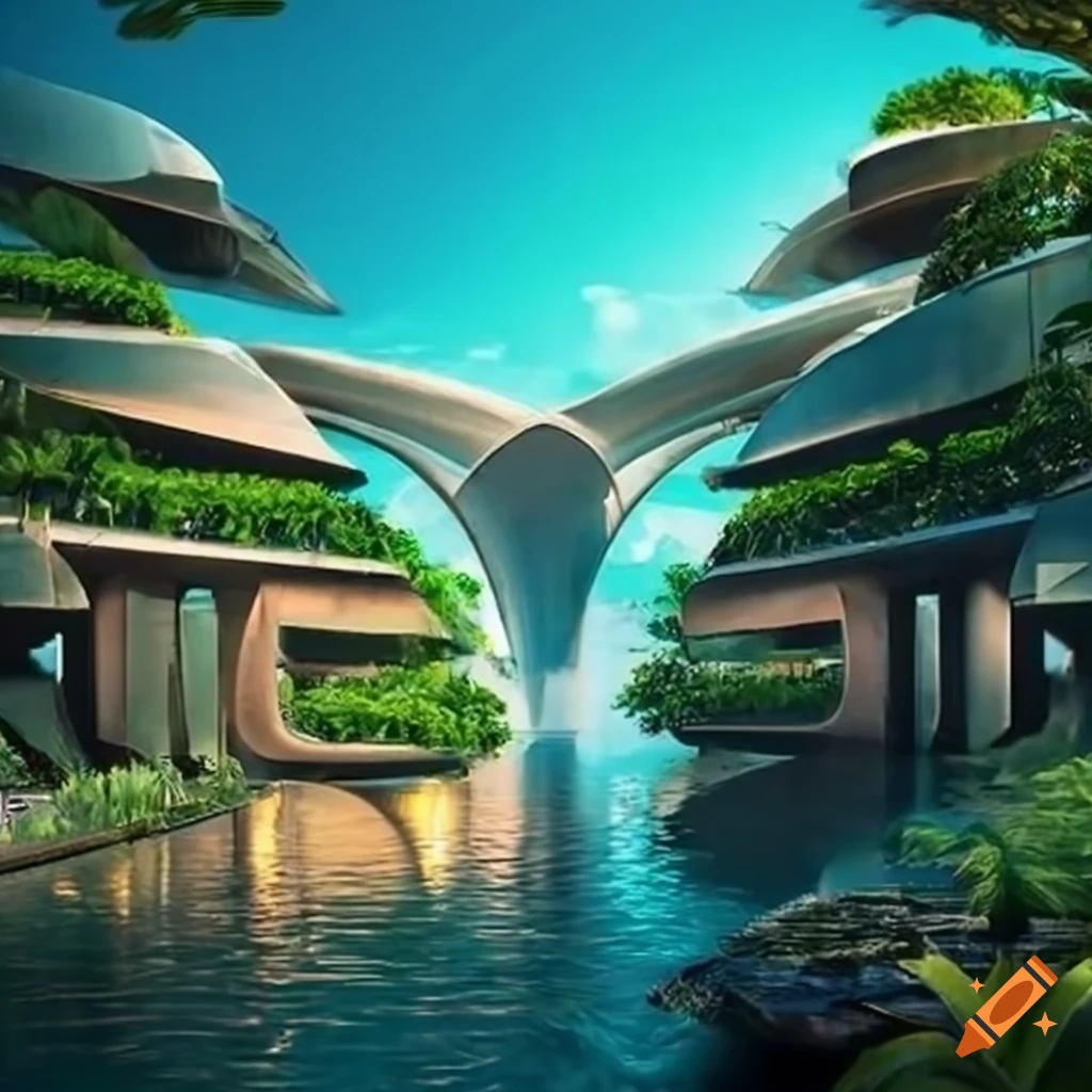 Futuristic tropical city with traditional woven roofs on Craiyon