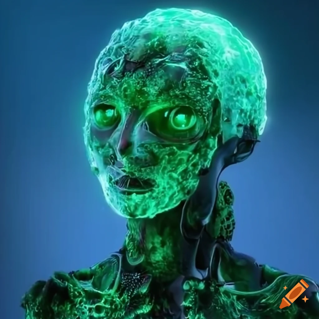 High-tech biopunk cyborg covered in glowing moss in futuristic ...