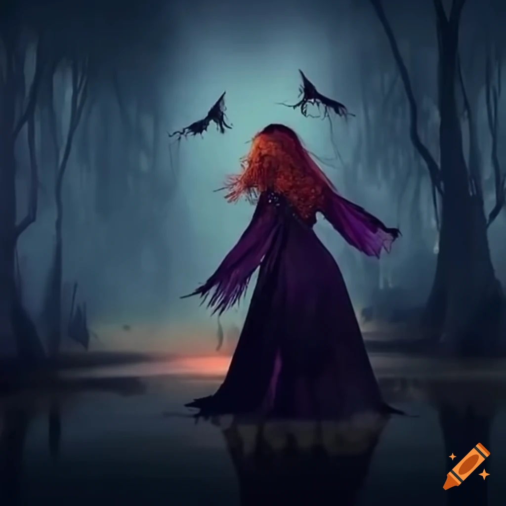 Red-haired witch flying over a mystical swamp at night on Craiyon
