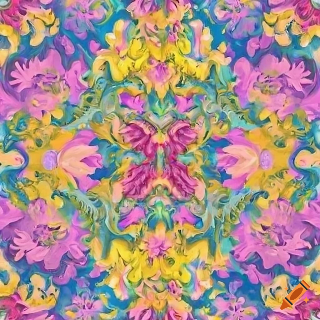 Rainbow pastel funky rococo floral pattern with shells in an oil ...