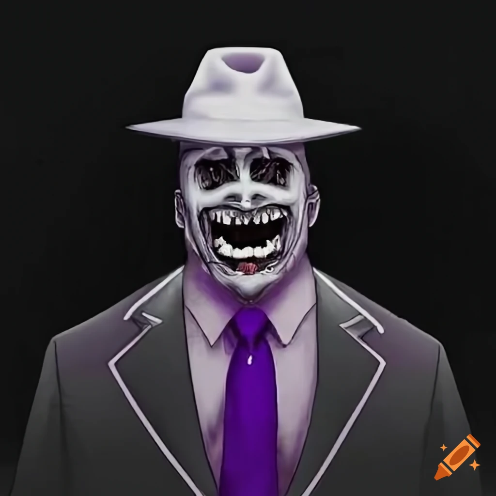 Mafia boss with white marble eyes and toothy smile, wearing a hat and ...