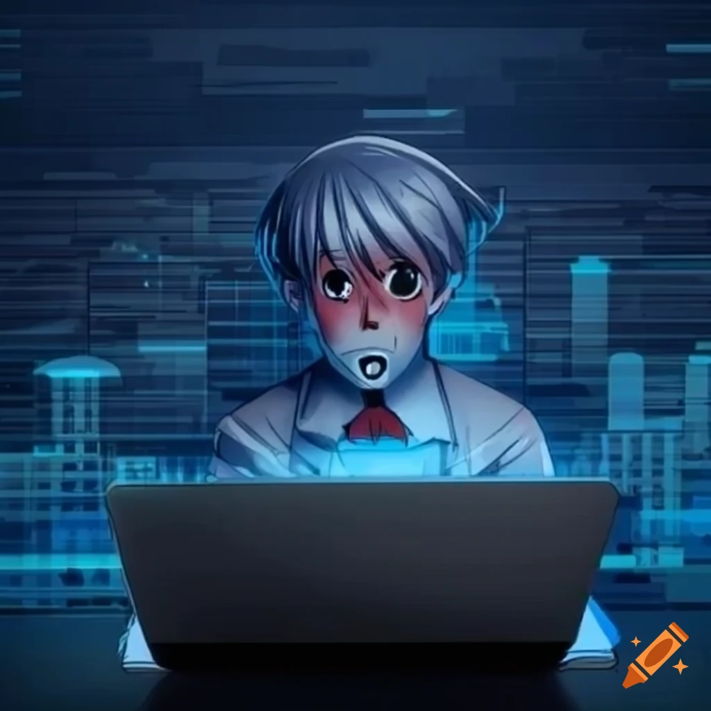 Scared anime trader with laptop with a chart in the background on Craiyon