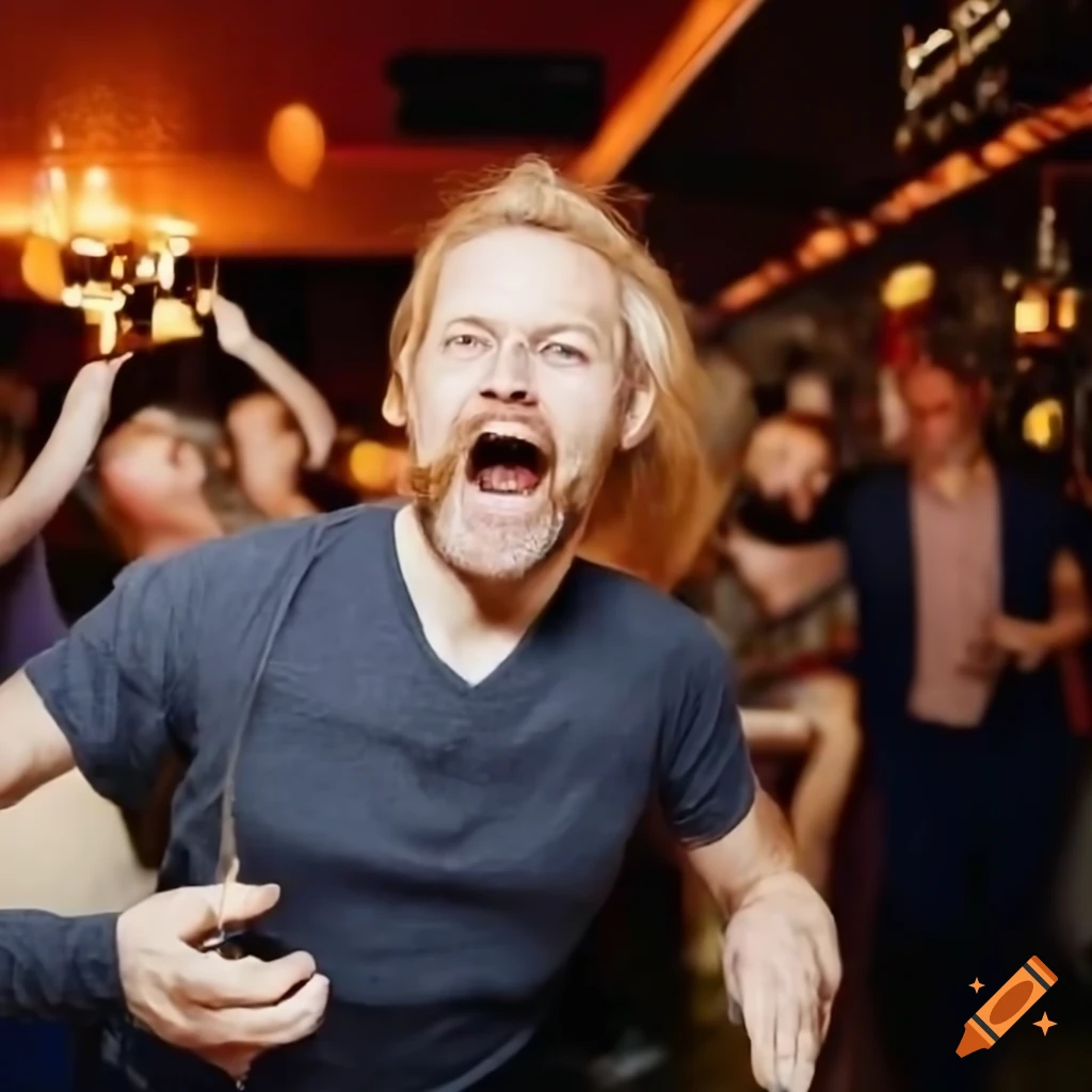 Scandinavian man with blond hair and moustache dancing in crowded bar ...