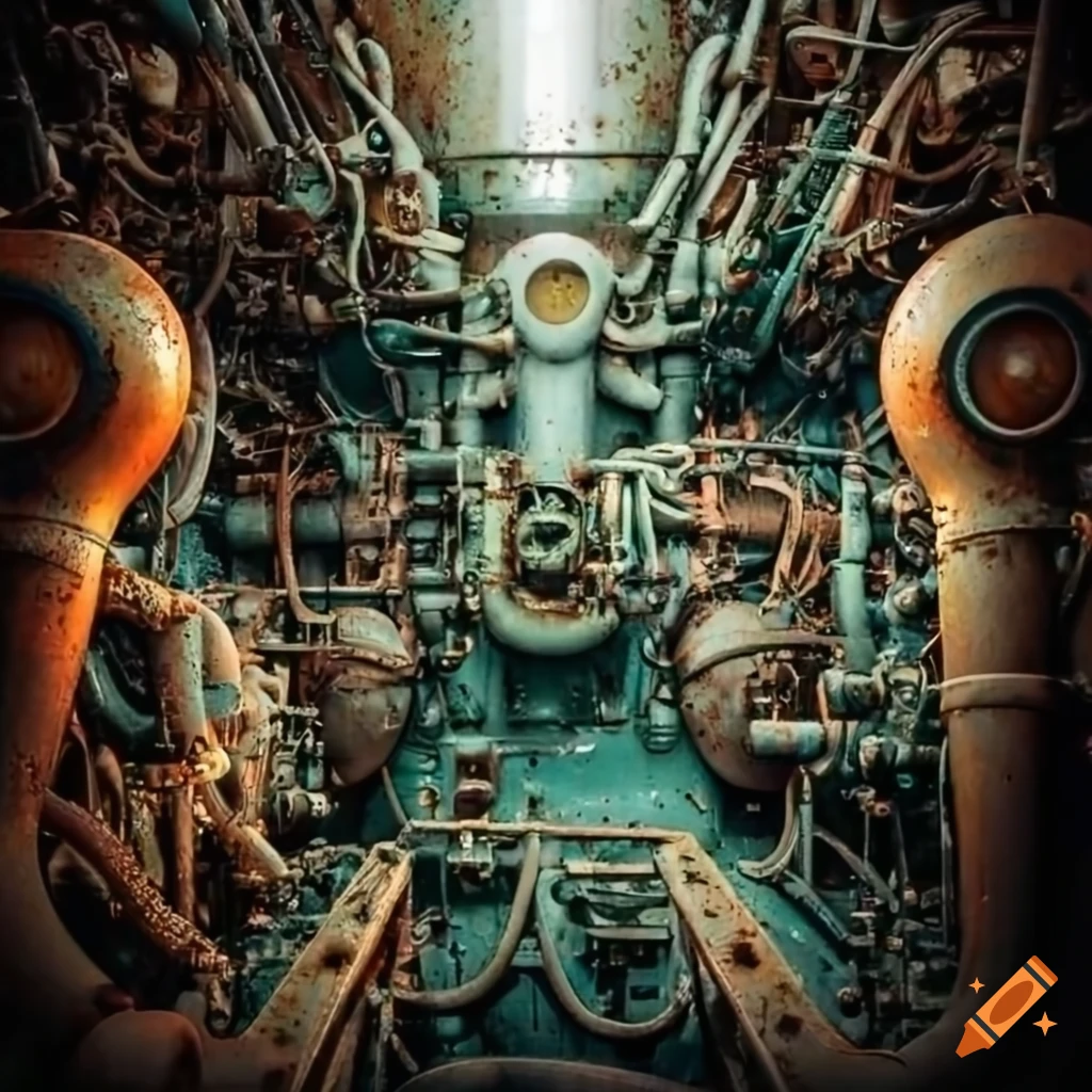 Rusty and narrow old submarine diesel engine-room with dim lighting on ...