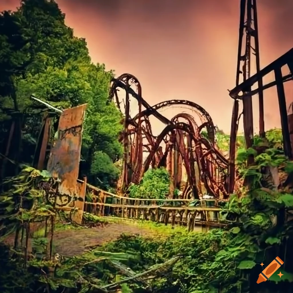Rusty graffiti filled theme park overgrown with roses and decaying signs on Craiyon