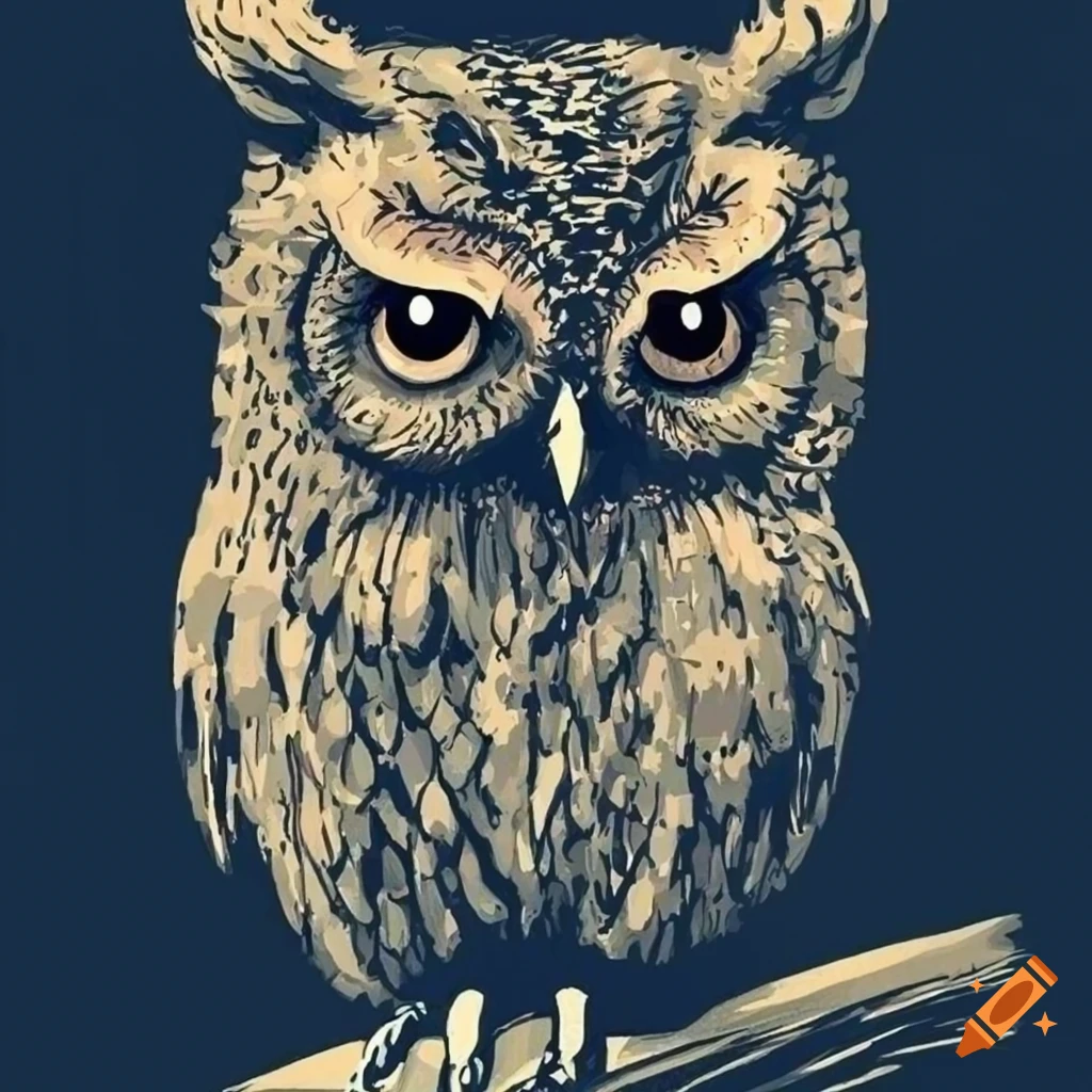 Creepy owl with surprised eyes in a vintage sketch poster style on Craiyon