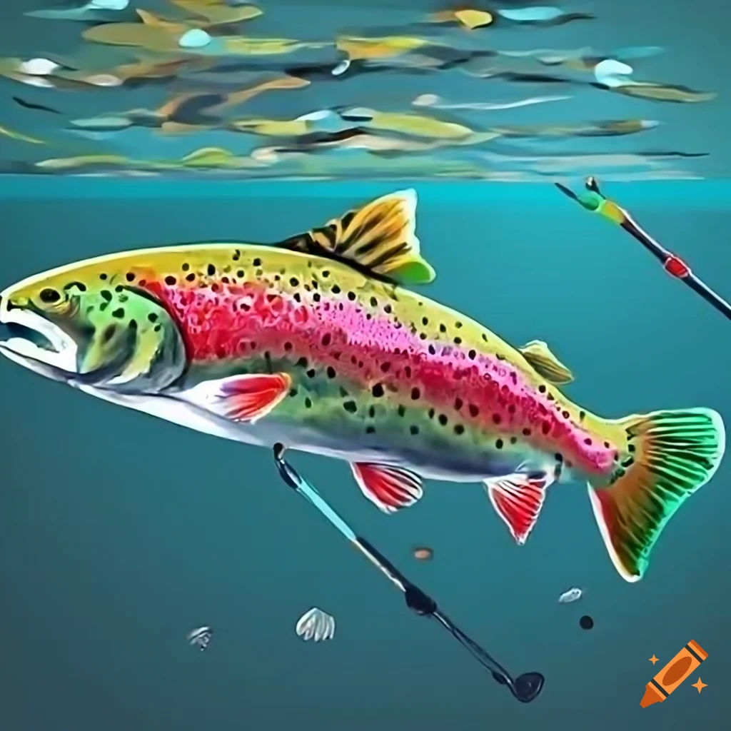 Colorful rainbow trout swimming near a fishing rod on Craiyon