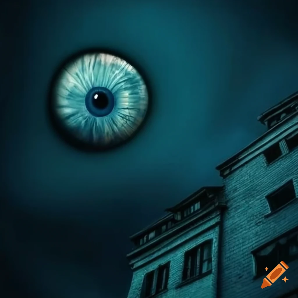 Surreal city with house windows and a human eye on Craiyon