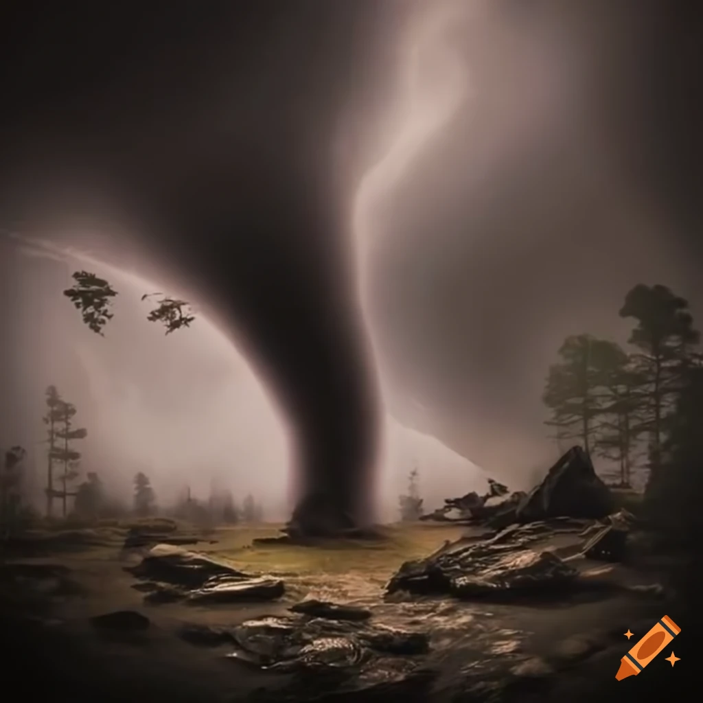 Raging tornado causing damage in a forest with flying trees and rocks ...