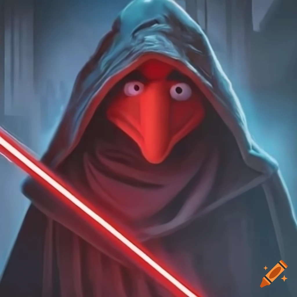 Muppet sith lord wielding a red lightsaber on Craiyon