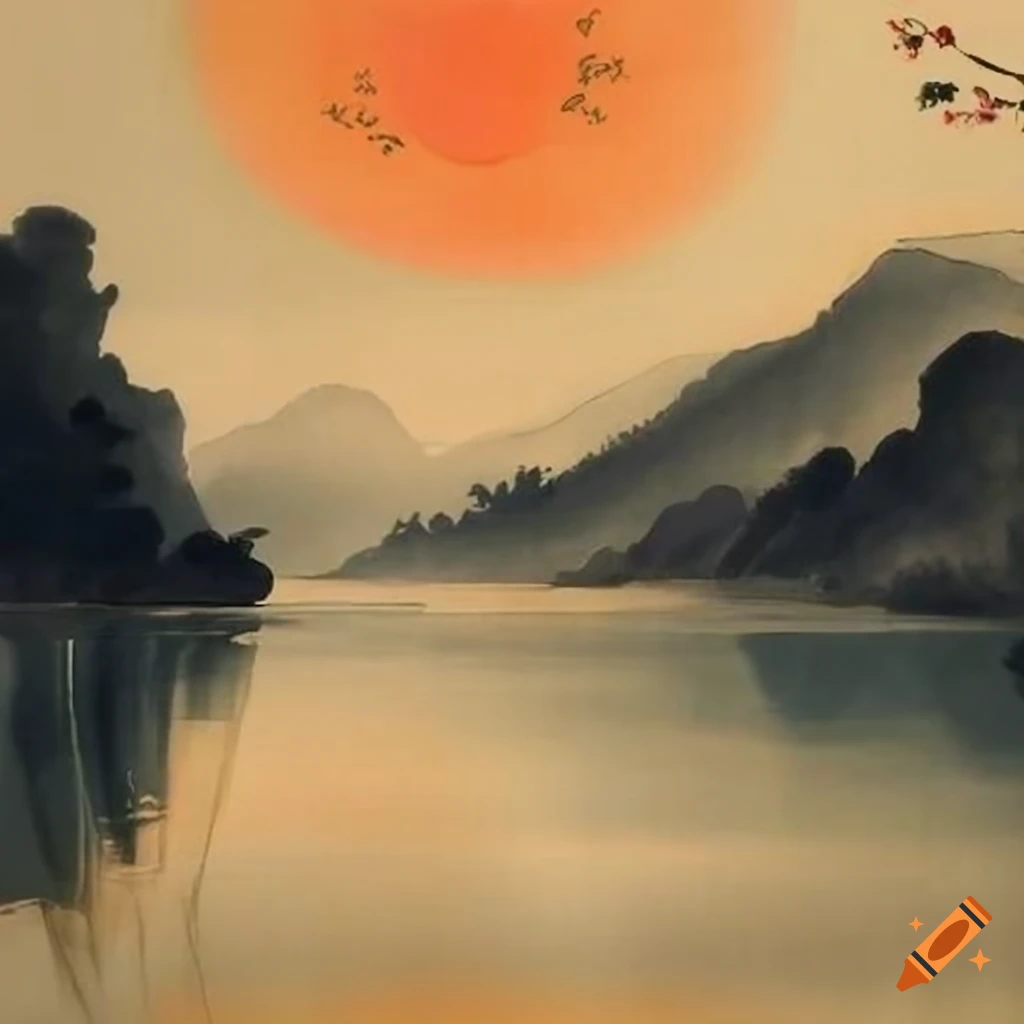 Chinese ink painting of a mountain, boat, and fishing old man at sunset ...