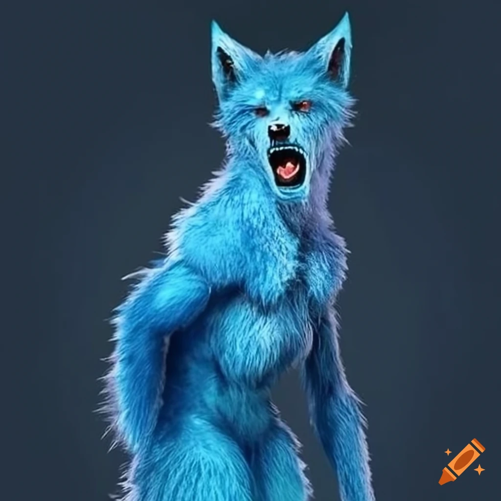 Blue werewolf with icy frosted fur in a full moon night on Craiyon