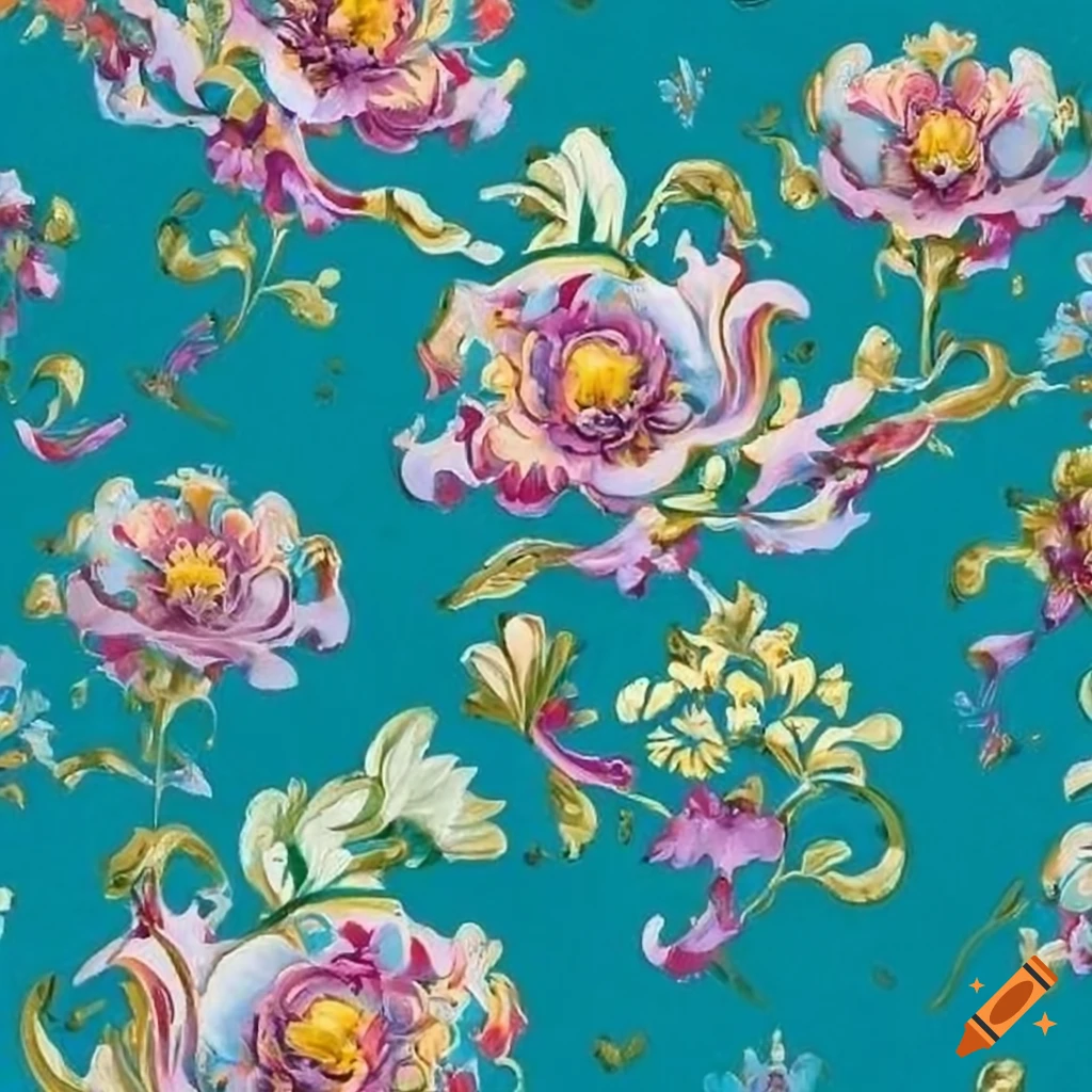 Intricate rococo floral pattern in a funky style on Craiyon