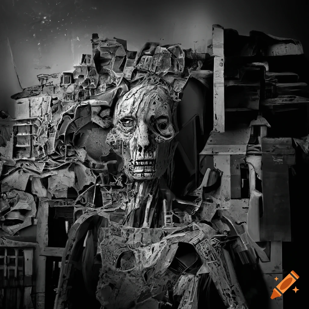 Industrial grayscale sculpture of broken gear and abandoned printers on ... Industrial grayscale sculpture of broken gear and abandoned printers on ...