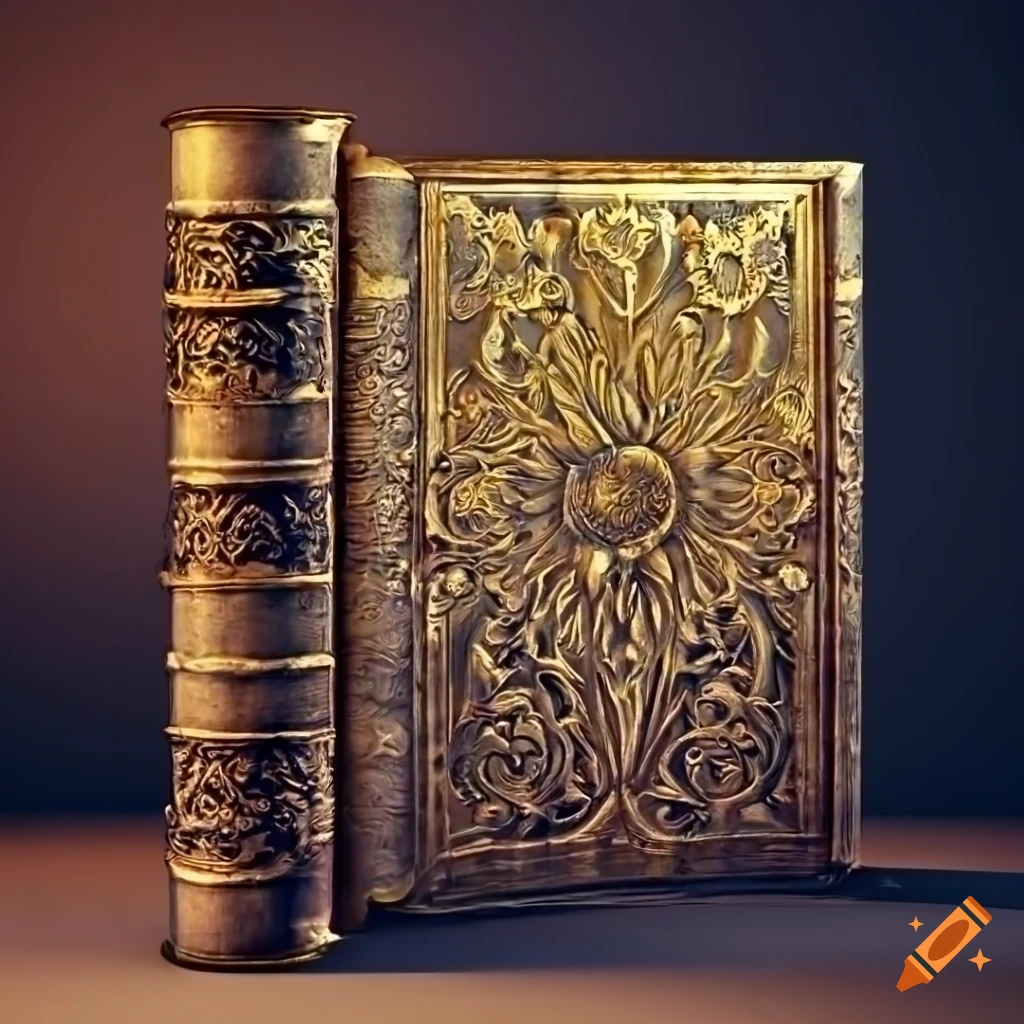 HD vintage book end with intricate gold leaf details for 3D modeling texture on Craiyon