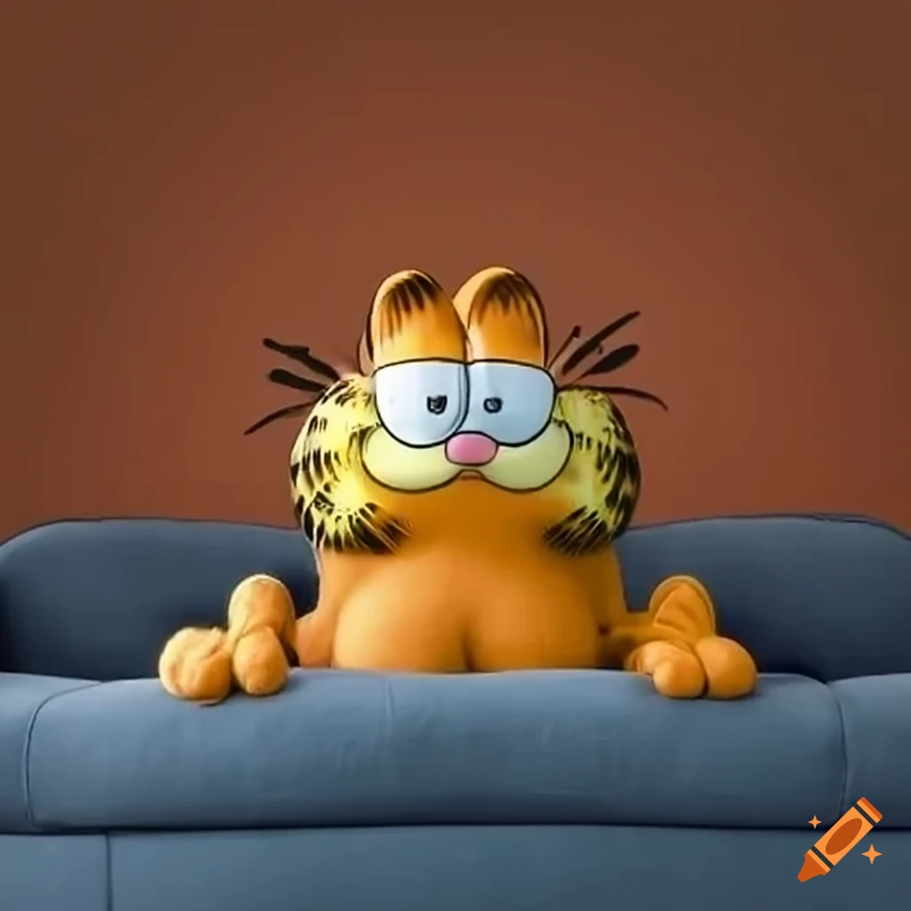 Cartoon character garfield relaxing on a couch with a tv remote on Craiyon