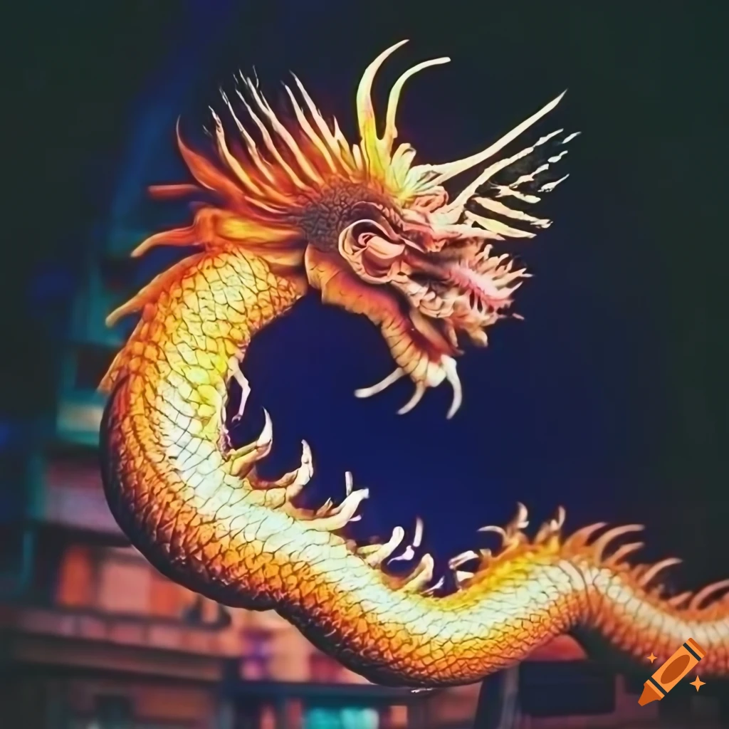 Chinese dragon in the street captured on film with vivid colors on Craiyon