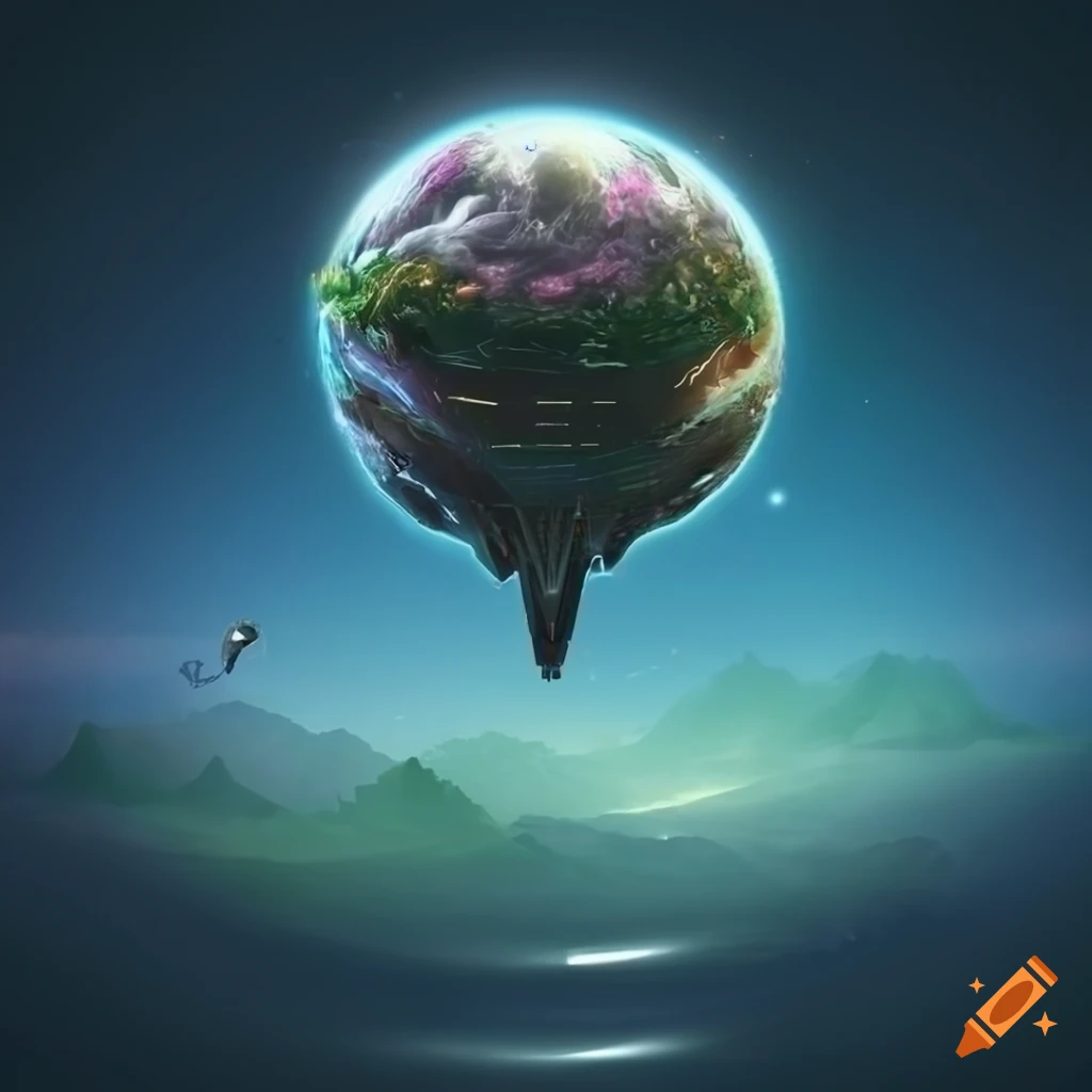 Fantastical island floating on clouds surrounded by advanced tech and ...