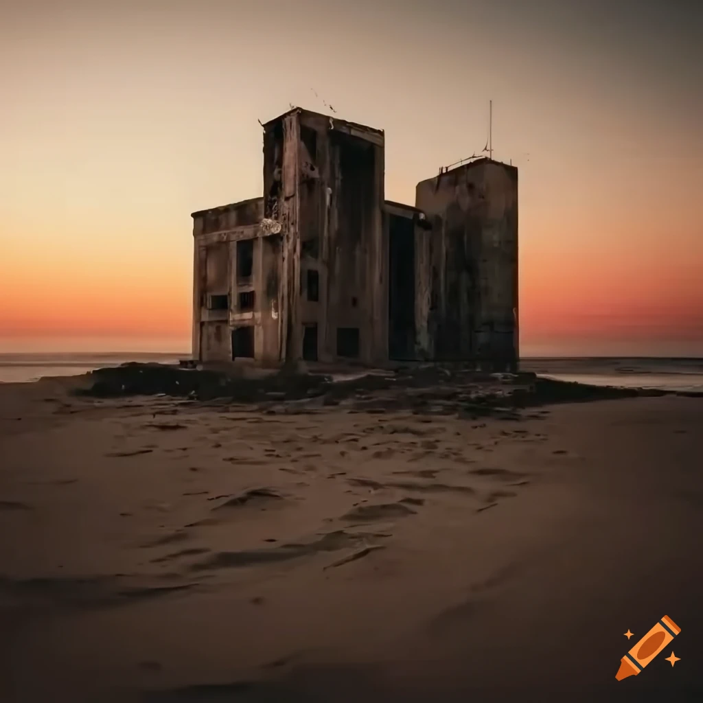 Abandoned concrete building on a sandy beach on Craiyon