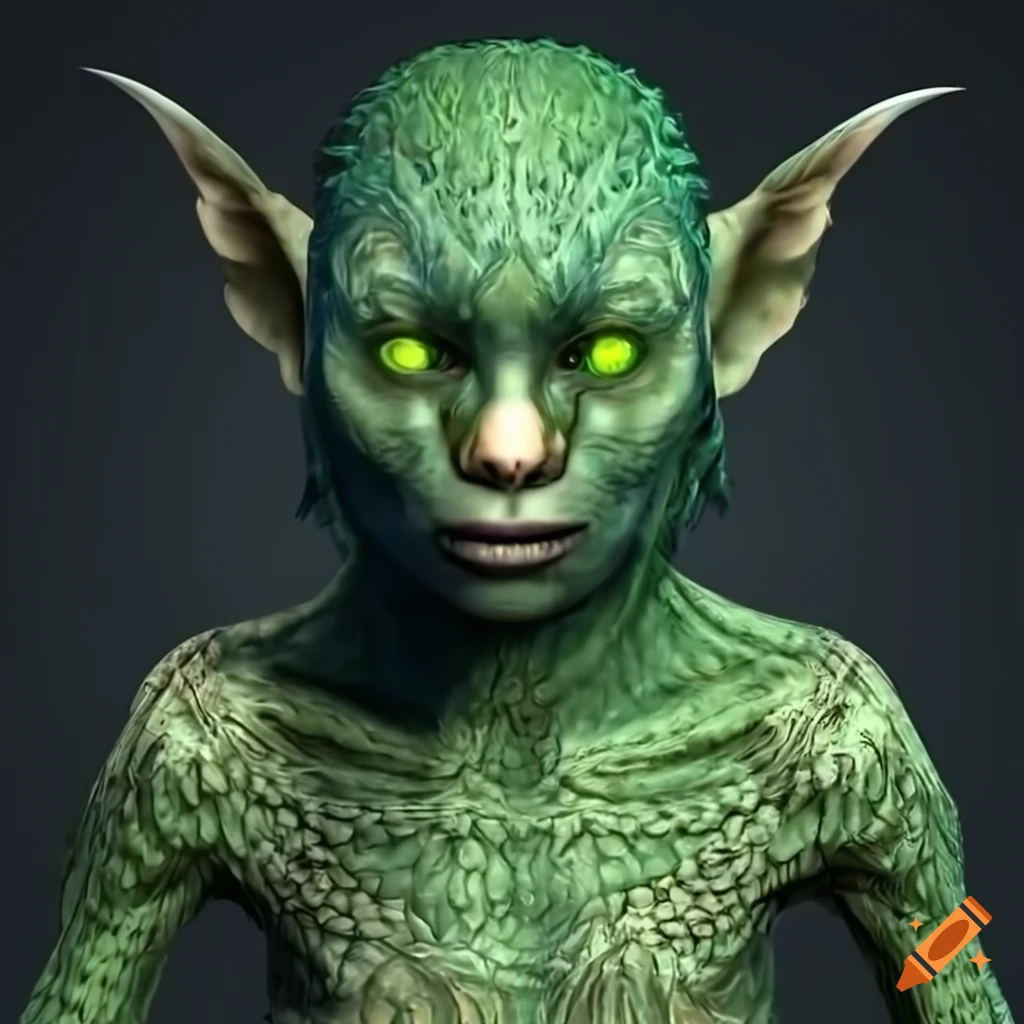 3D image of tall and beautiful elven creature with dark green skin and ...
