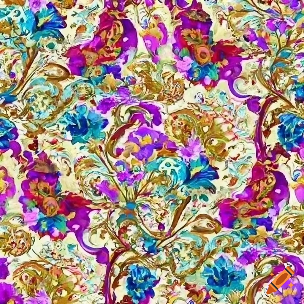 Intricate repeating floral pattern in a funky rococo style on Craiyon