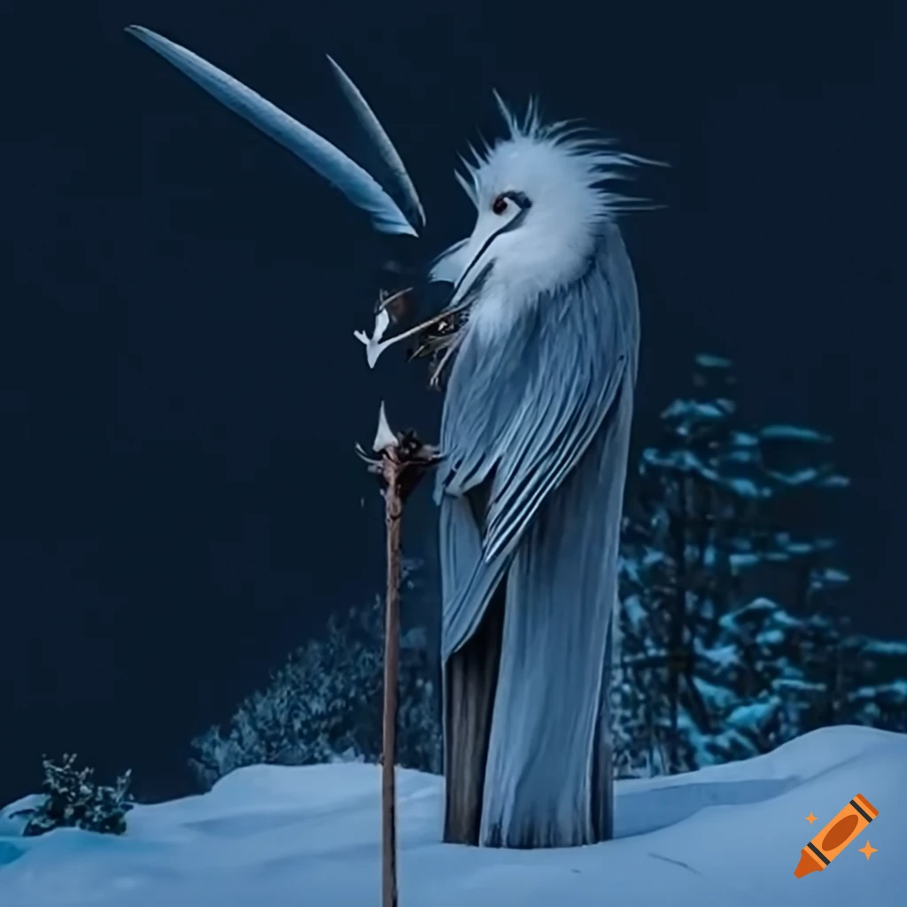 Tall white bird man with grey face and long beak walking in a snowy ...