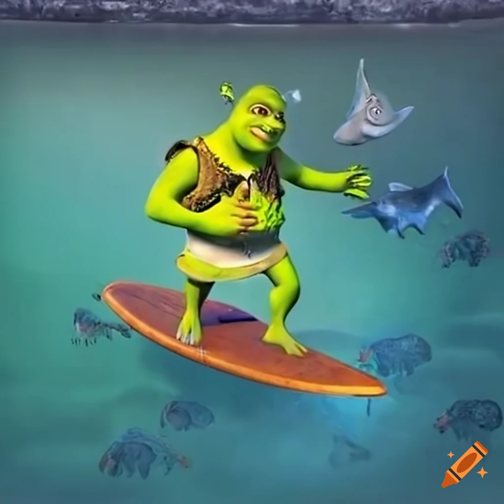 Shrek surfing in a toilet with giant piranhas on Craiyon