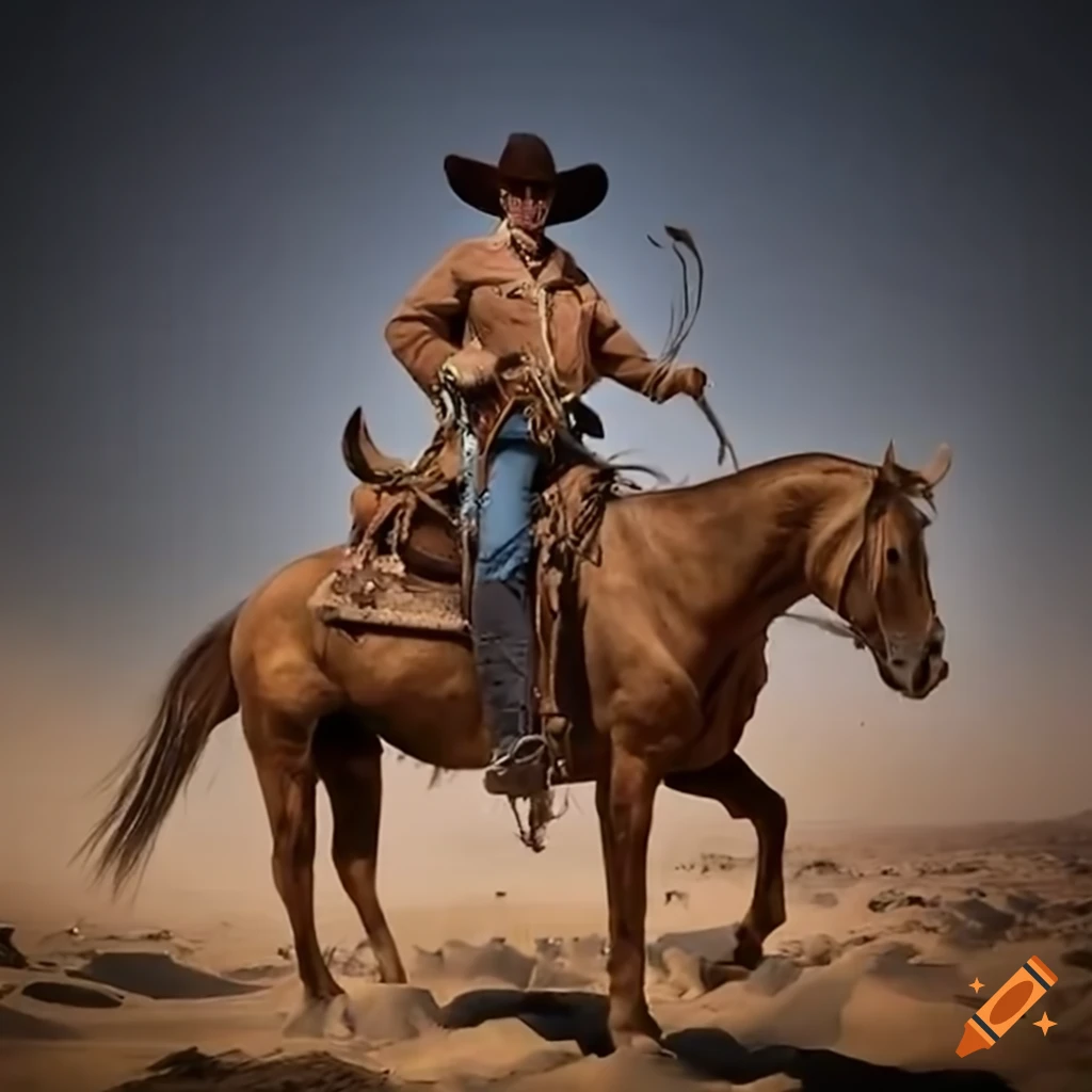Brave cowboy facing desert creatures on horseback on Craiyon