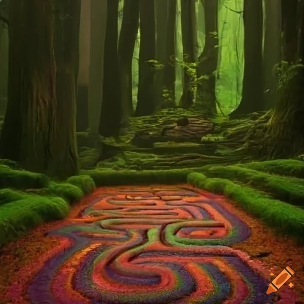 Multicolored labyrinth in deep woods with mist and distant birds on Craiyon