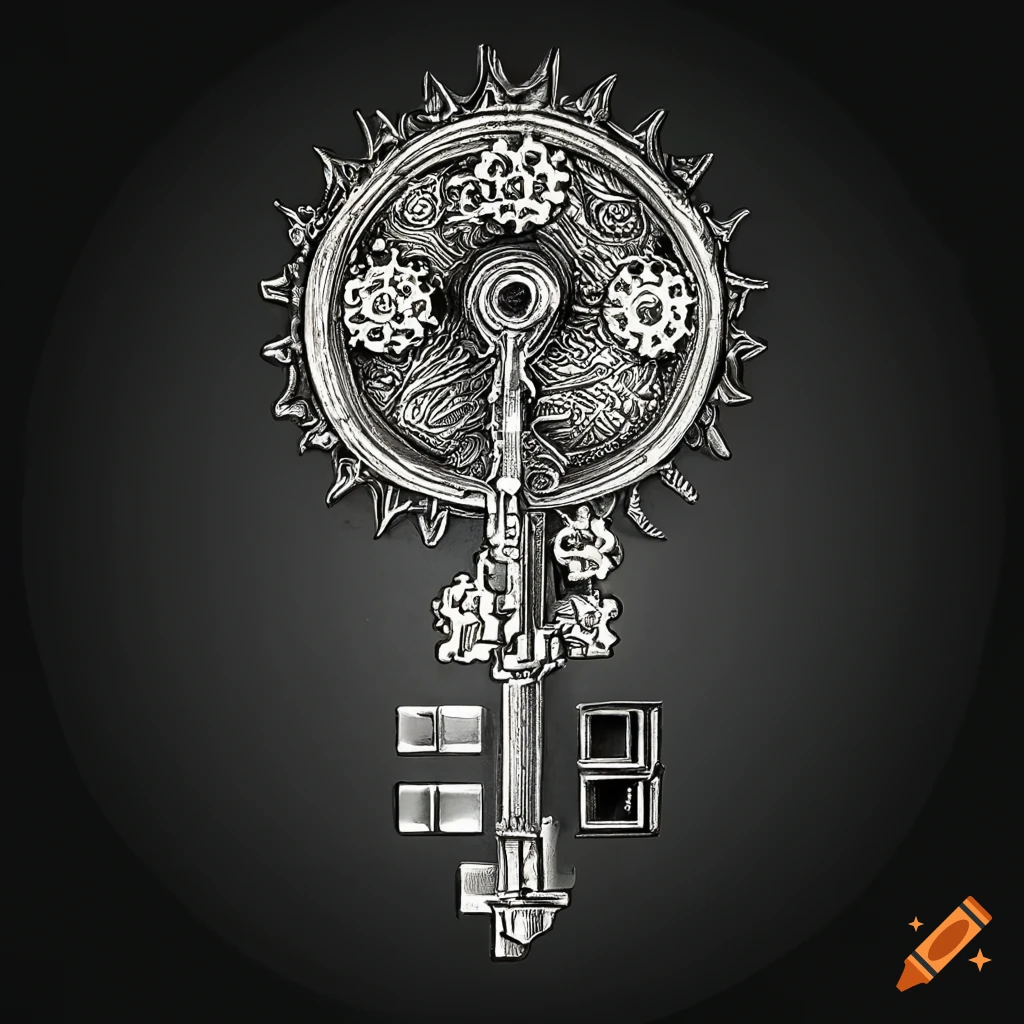 Intricate silver key with engravings and gears on Craiyon
