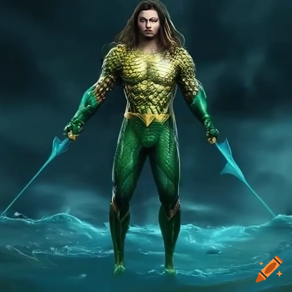 Tidal hydropower themed human superhero with trident and shield on Craiyon