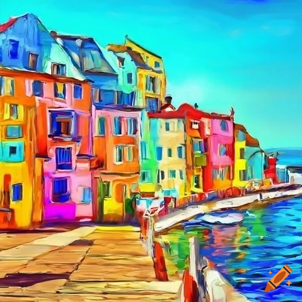 Colorful painting of a coastal town on Craiyon