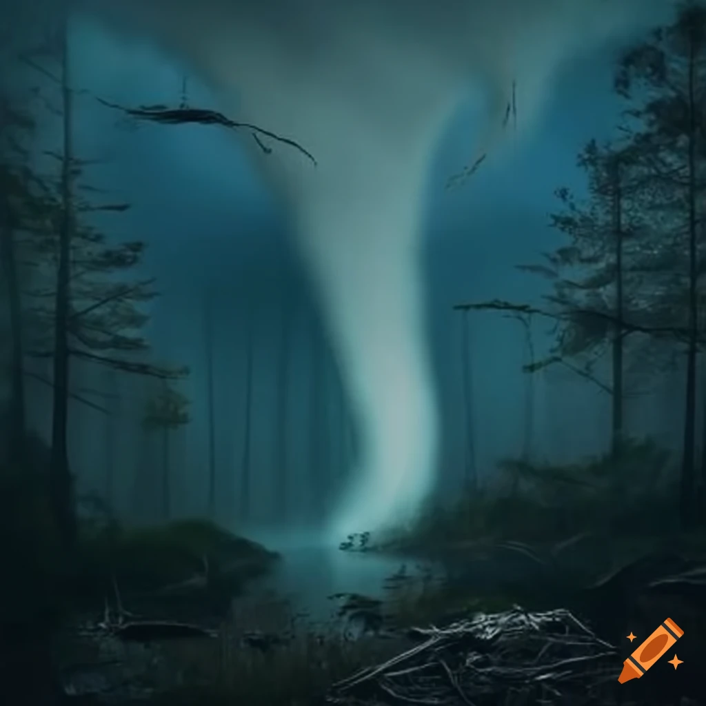 Raging tornado causing damage in a forest with flying trees and rocks ...
