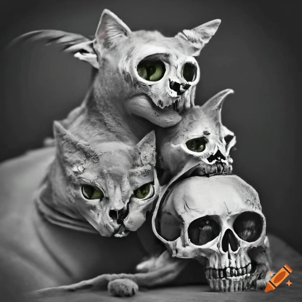 Vintage black and white photo of an unusual two-headed cat with skull ...