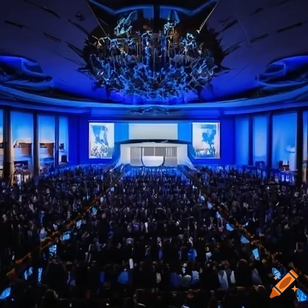 Future world leaders in a high-tech conference hall for a world ...